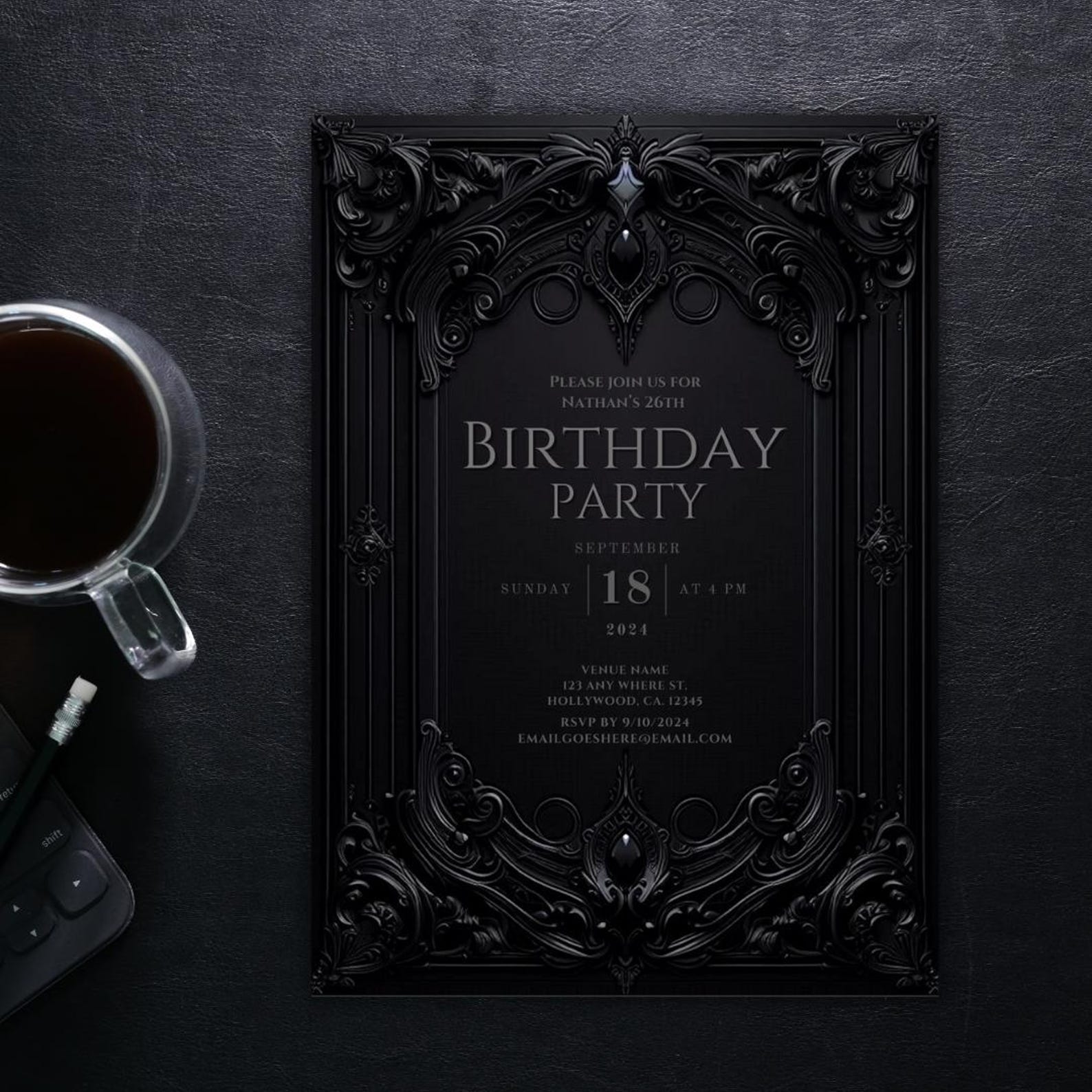 Dark Gothic Birthday Invitation, Black Party Invite, All Black ...