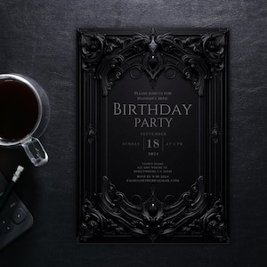 Dark Gothic Birthday Invitation, Black Party Invite, All Black ...