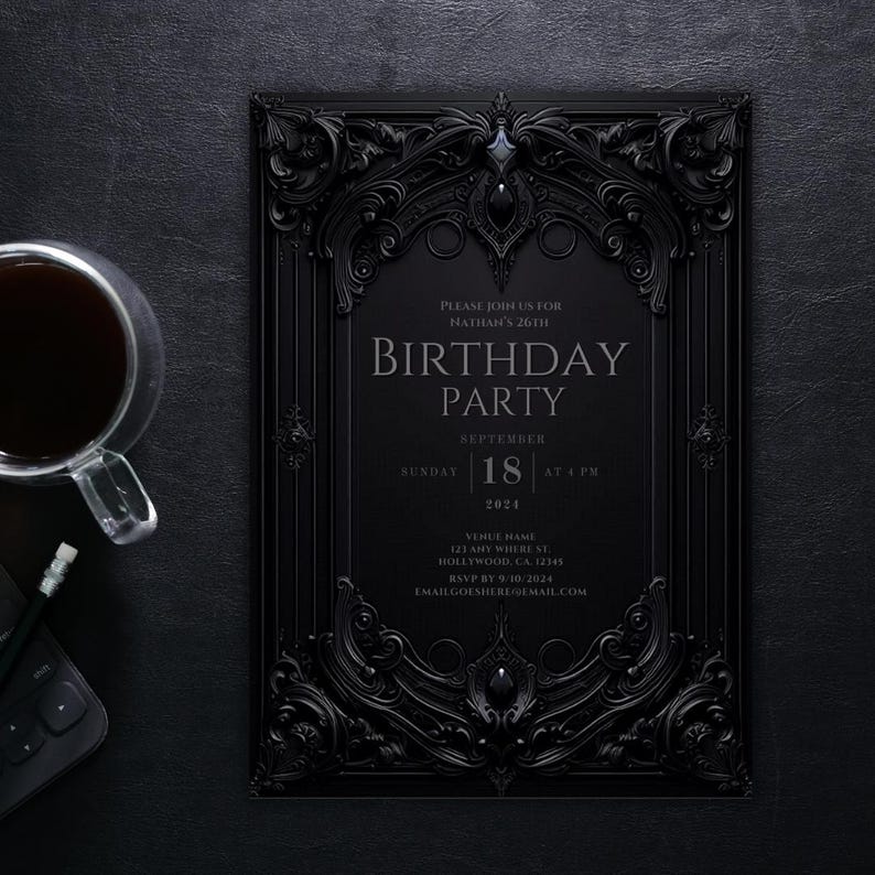 Dark Gothic Birthday Invitation, Black Party Invite, All Black ...