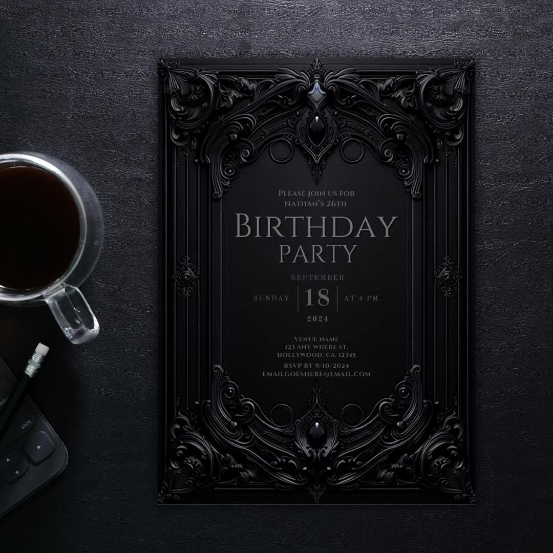 Dark Gothic Birthday Invitation, Black Party Invite, All Black ...