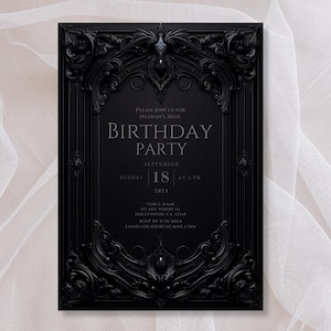 Dark Gothic Birthday Invitation, Black Party Invite, All Black ...