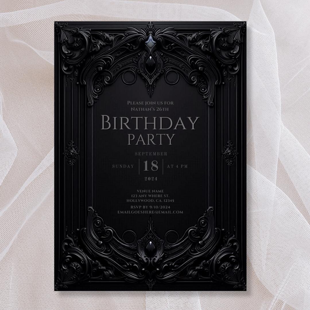 Dark Gothic Birthday Invitation, Black Party Invite, All Black ...