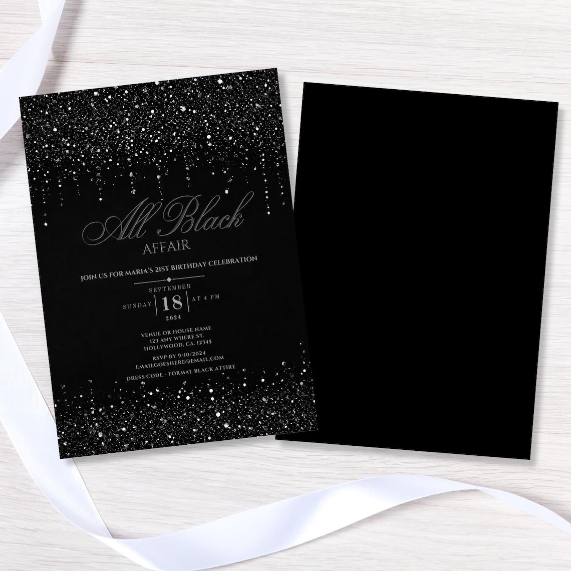 Editable All Black Affair Invitation, All Black Glitter Invite, Formal ...