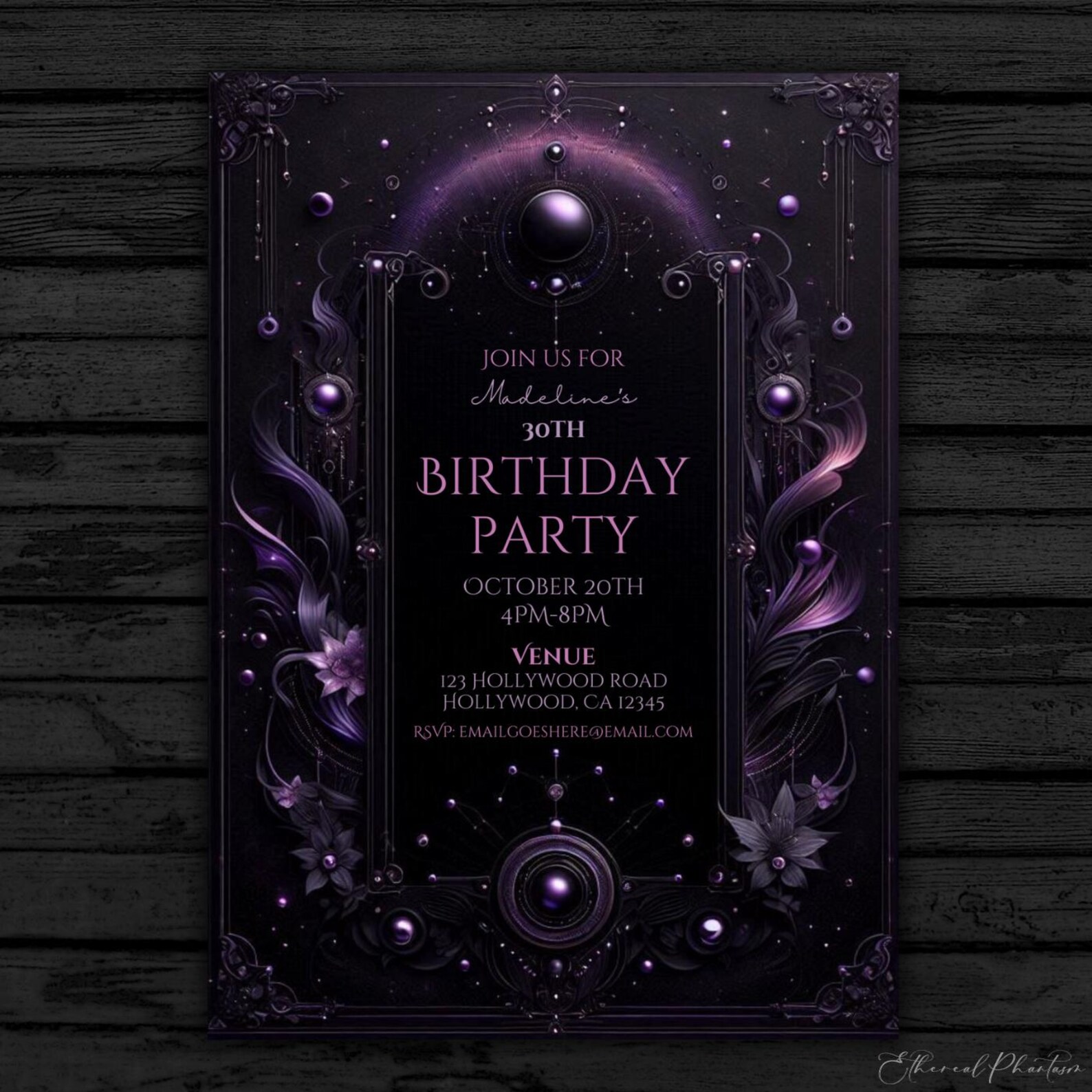 Printable Gothic Purple & Black Customizable Invitation, Birthday ...