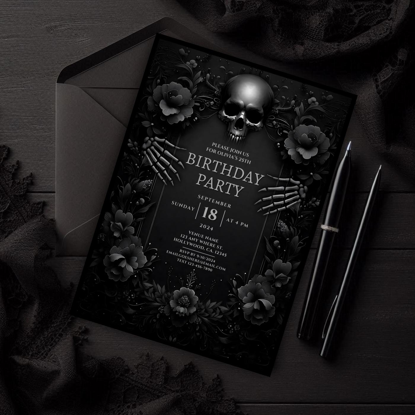 Editable Gothic Skeleton Birthday Invite, Floral Skull Invitation, All ...