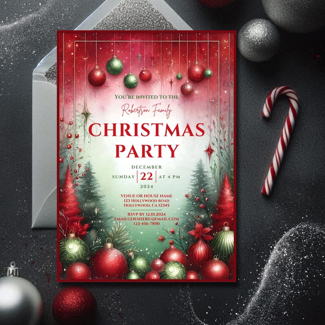 Editable Red & Green Watercolor Christmas Party Invitation, 5x7 ...