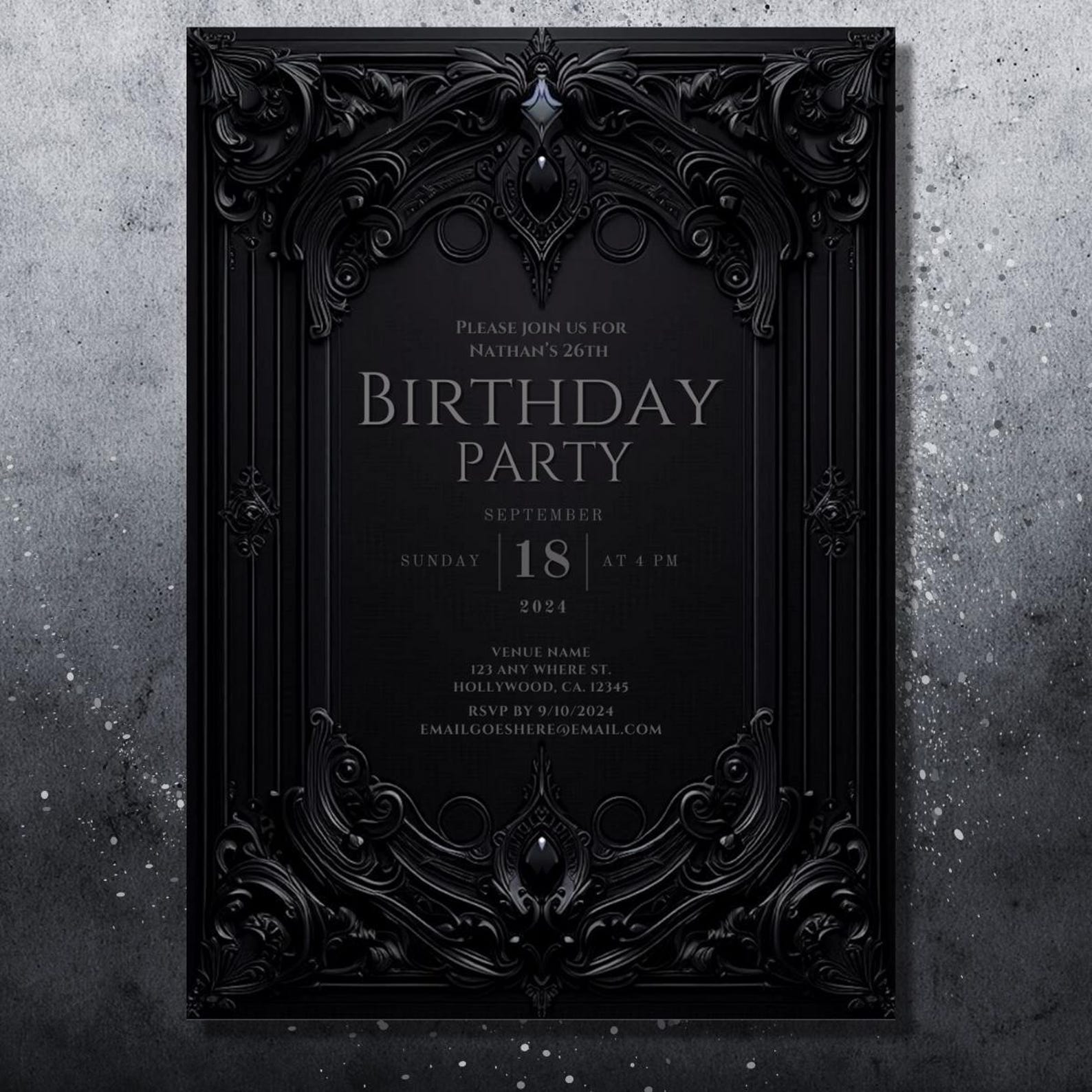 Dark Gothic Birthday Invitation, Black Party Invite, All Black ...