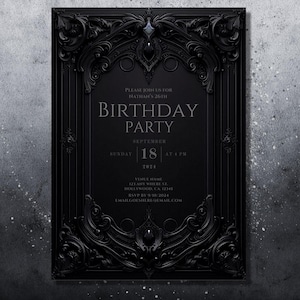 Dark Gothic Birthday Invitation, Black Party Invite, All Black ...