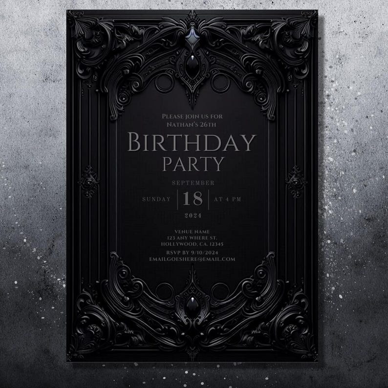 Dark Gothic Birthday Invitation, Black Party Invite, All Black ...