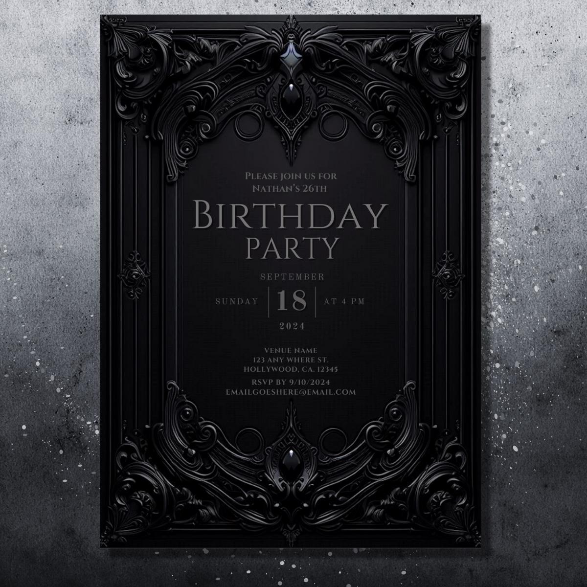 Dark Gothic Birthday Invitation, Black Party Invite, All Black ...