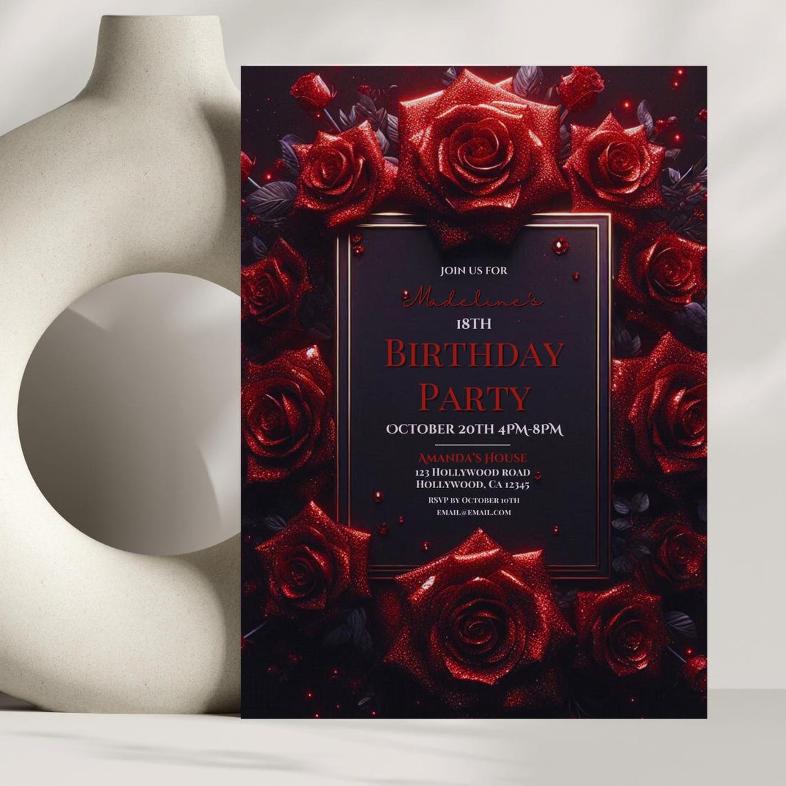 Editable Red and Black Birthday Invitation, Roses Invitation, Red Roses ...