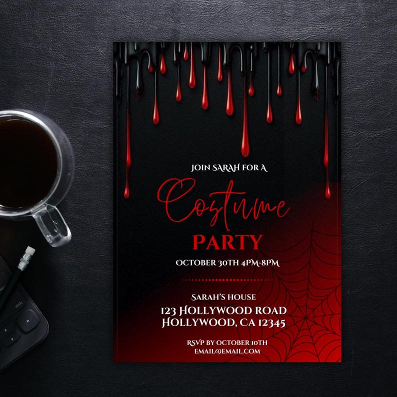 Editable Halloween Costume Party Invitation | Spooky Dripping Blood ...