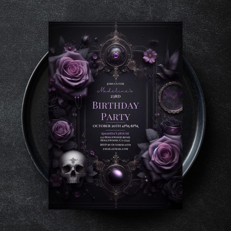 Black and Purple Gothic Floral Invitation, Gothic Birthday, Skull ...
