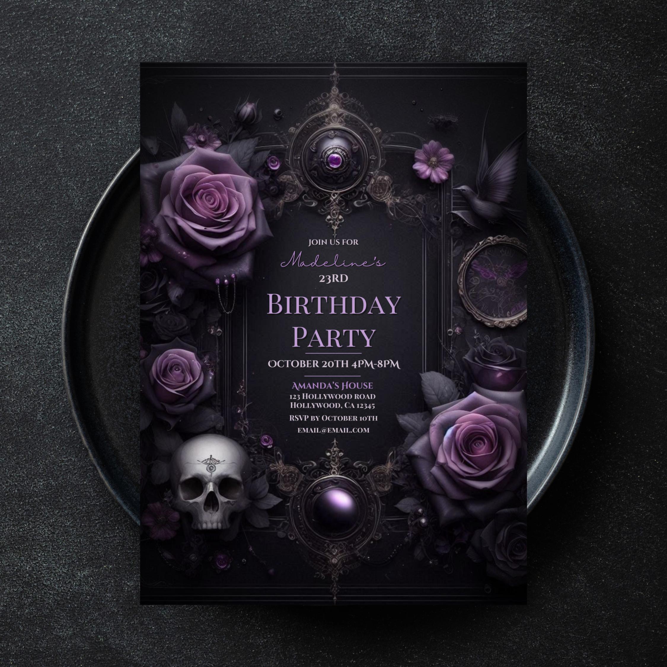 Black and Purple Gothic Floral Invitation, Gothic Birthday, Skull ...