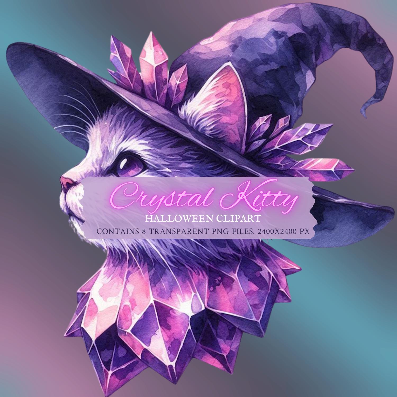 Crystal Kitty Halloween Clipart, Watercolor Cats, Witchy Clipart Witch ...