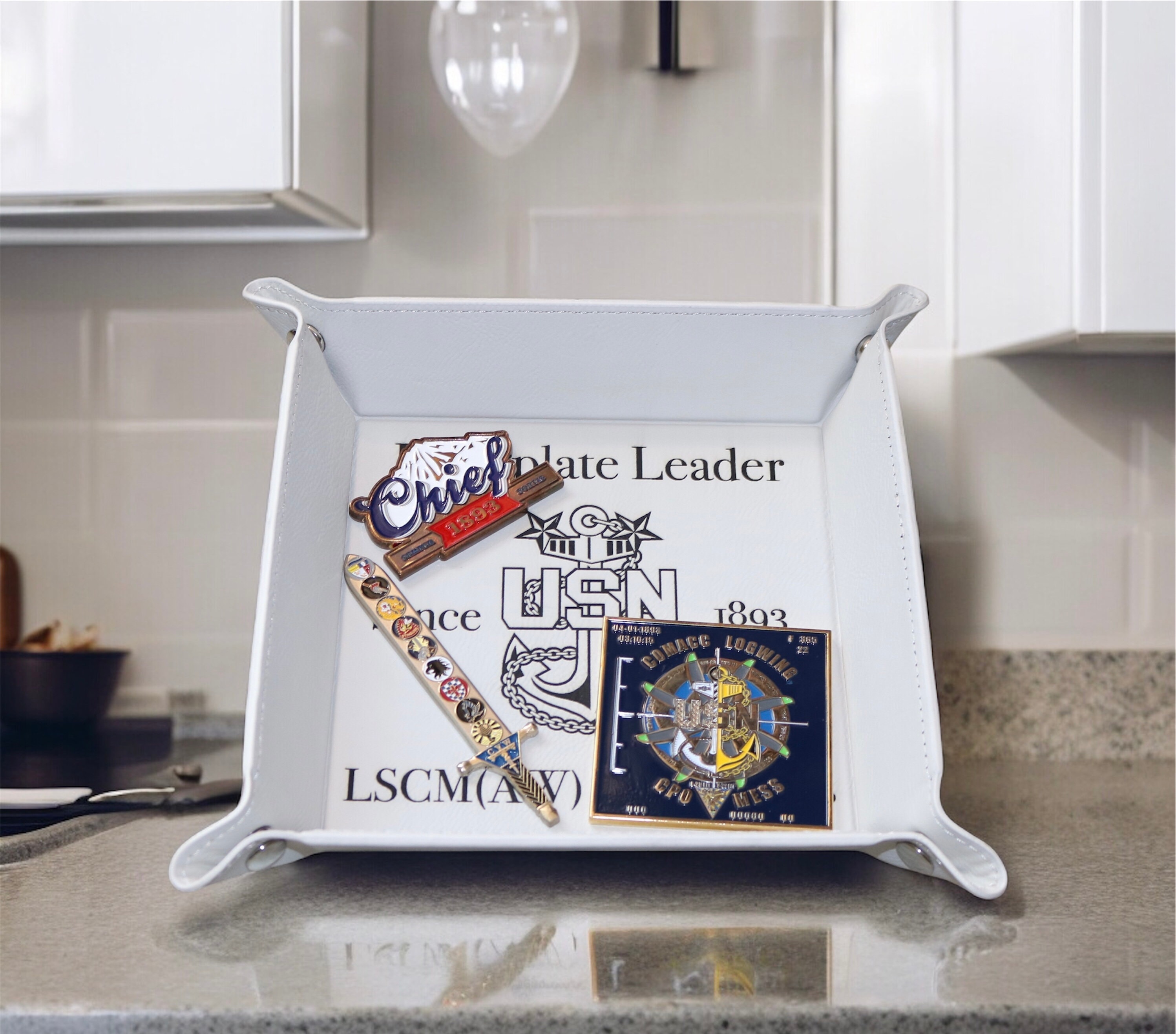 Personalized Navy Chief Leatherette Catchall Tray, Silver Snaps - Etsy