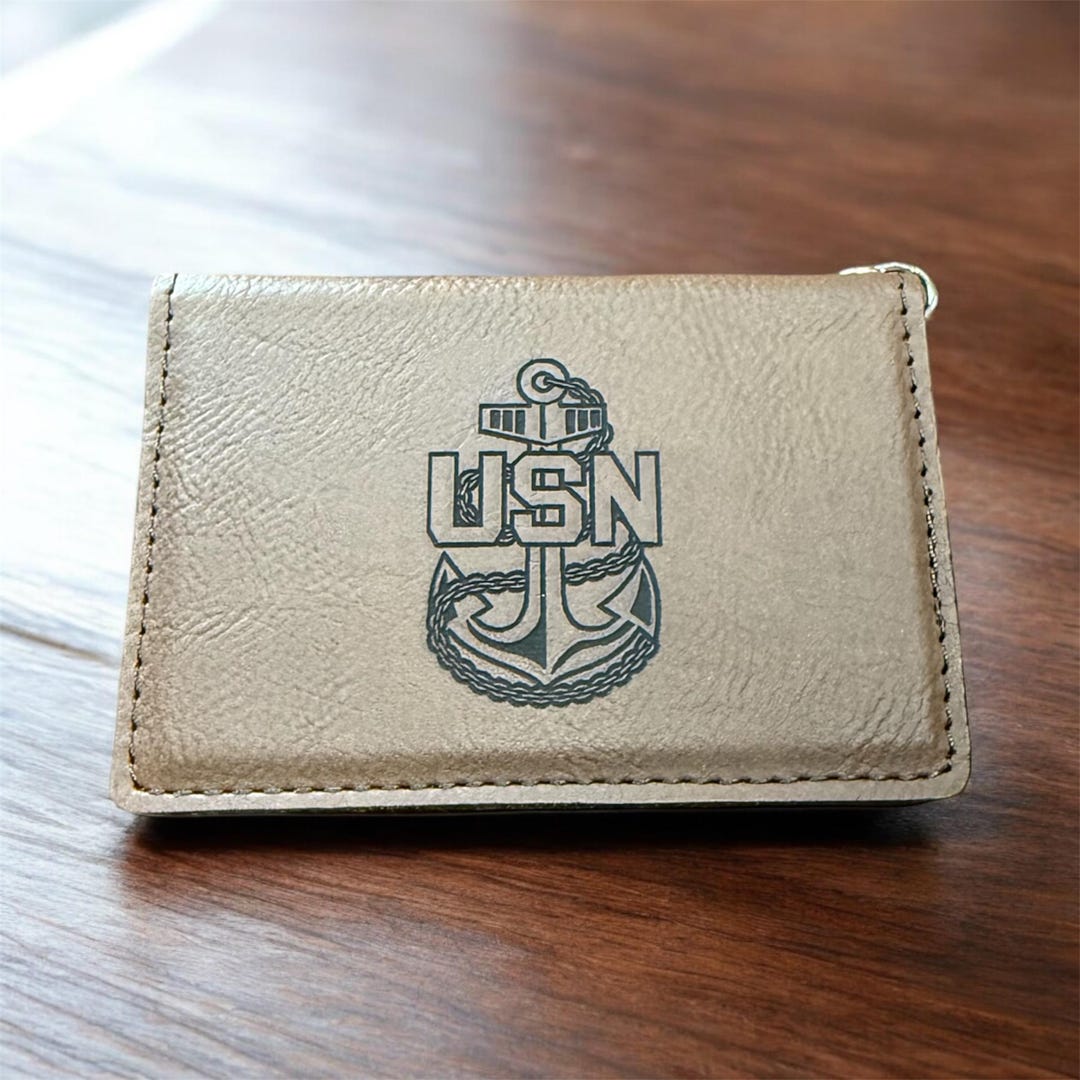 Engraved Navy Chief Leatherette ID Card Holder Keychain, Military ...