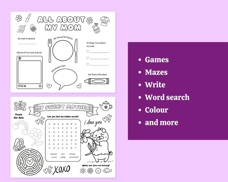 Mother's Day Placemats, 2 Printable Colouring Placemats, Fun With Mom ...