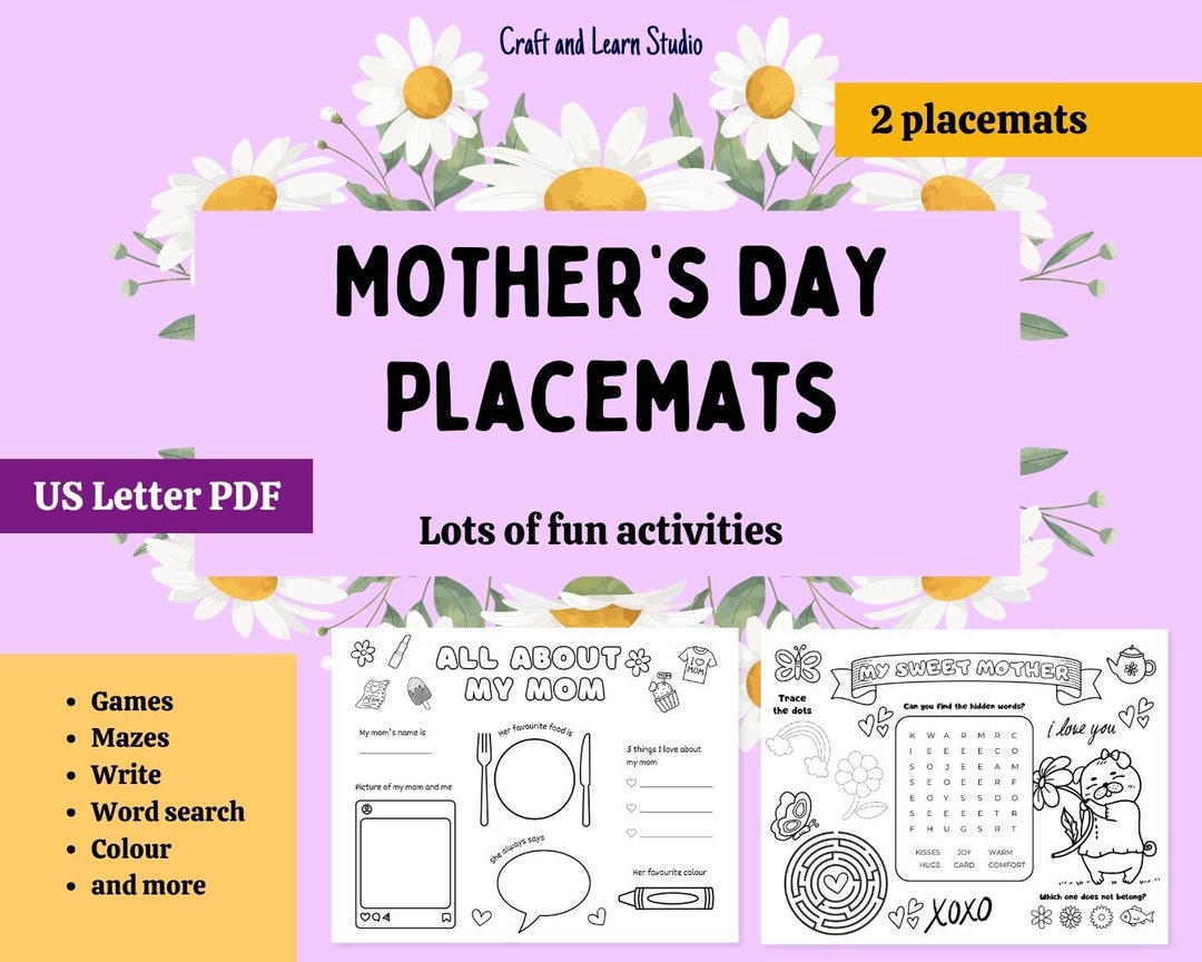 Mother's Day Placemats, 2 Printable Colouring Placemats, Fun With Mom ...