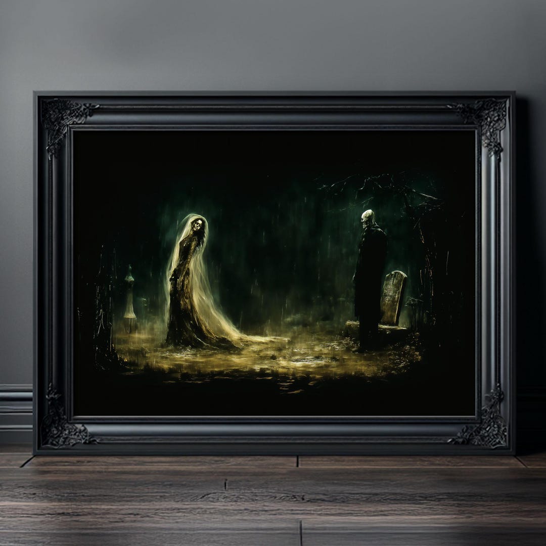 Gothic Graveyard Art Print, Skeleton Ghost Cemetery Poster, Dark ...