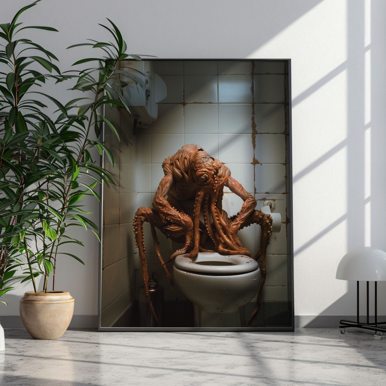 Poster of Sad Octopus Monster on Toilet: Gothic Wall Art Print for a ...