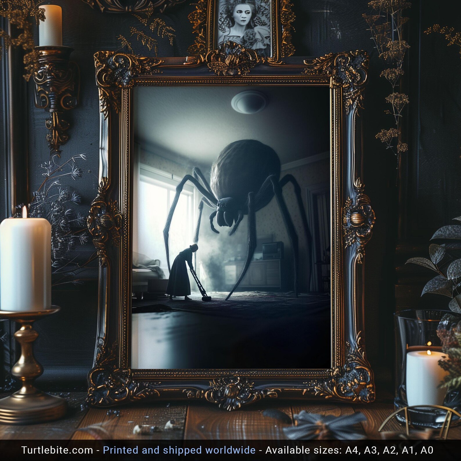 Horror Poster of Huge Spider Being Disturbed by Vacuum Cleaner, Dark ...