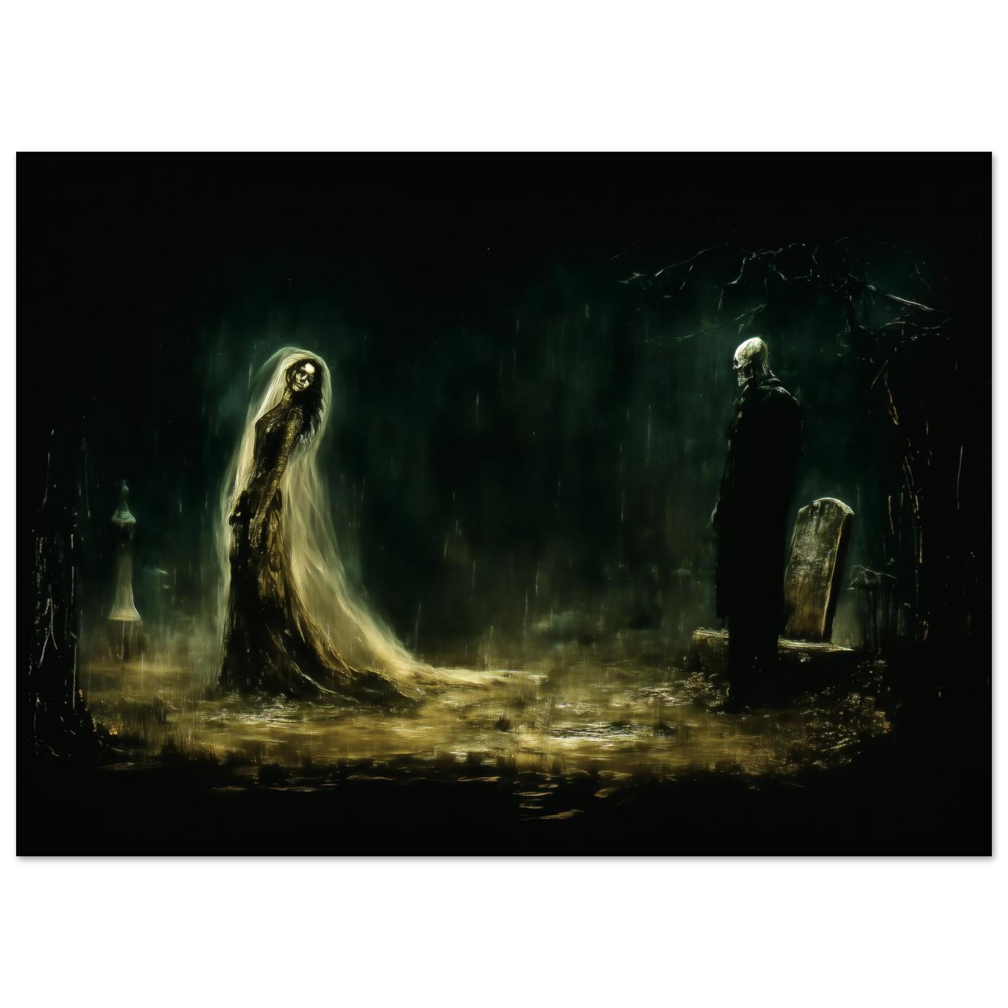 Gothic Graveyard Art Print, Skeleton Ghost Cemetery Poster, Dark ...