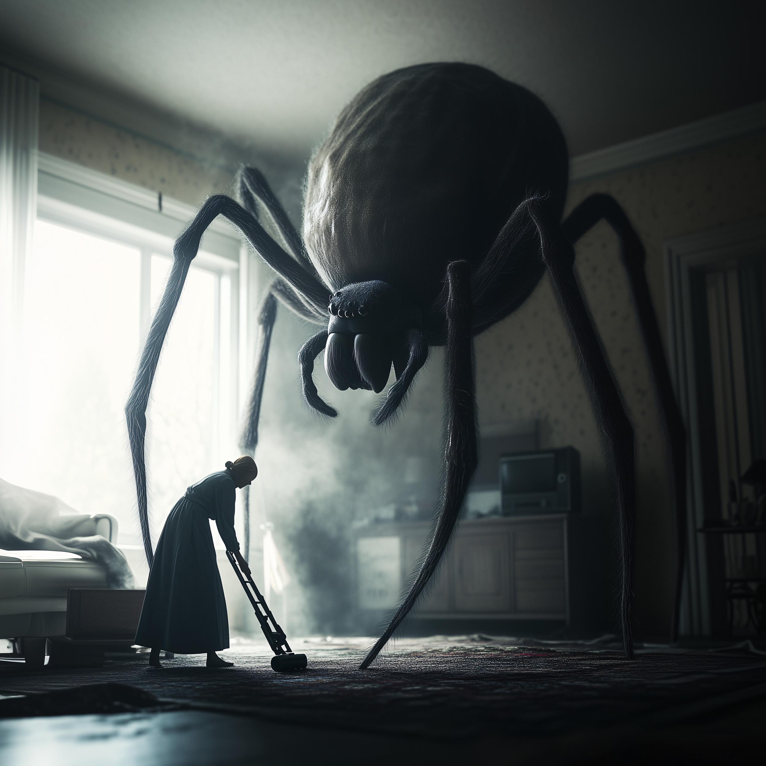 Horror Poster of Huge Spider Being Disturbed by Vacuum Cleaner, Dark ...