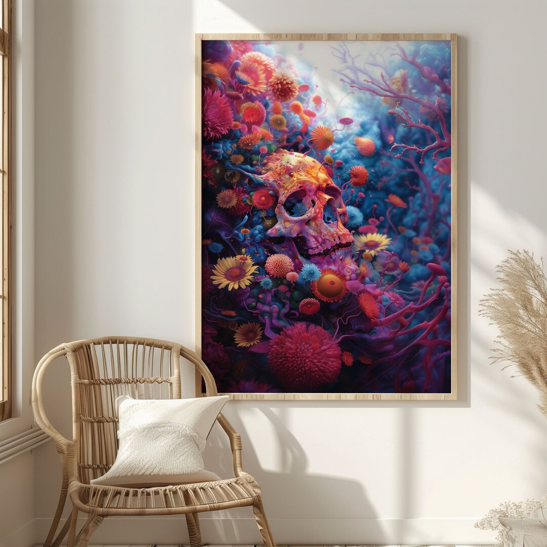 Eerie Floral Skull Art Vibrant and Radiant Weirdcore Wall Decor - Etsy