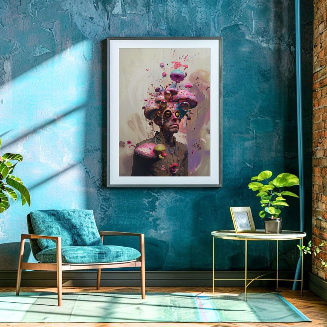 Weirdcore Mushroom Head Poster Abstract Wall Art for Psychedelic Vibes ...