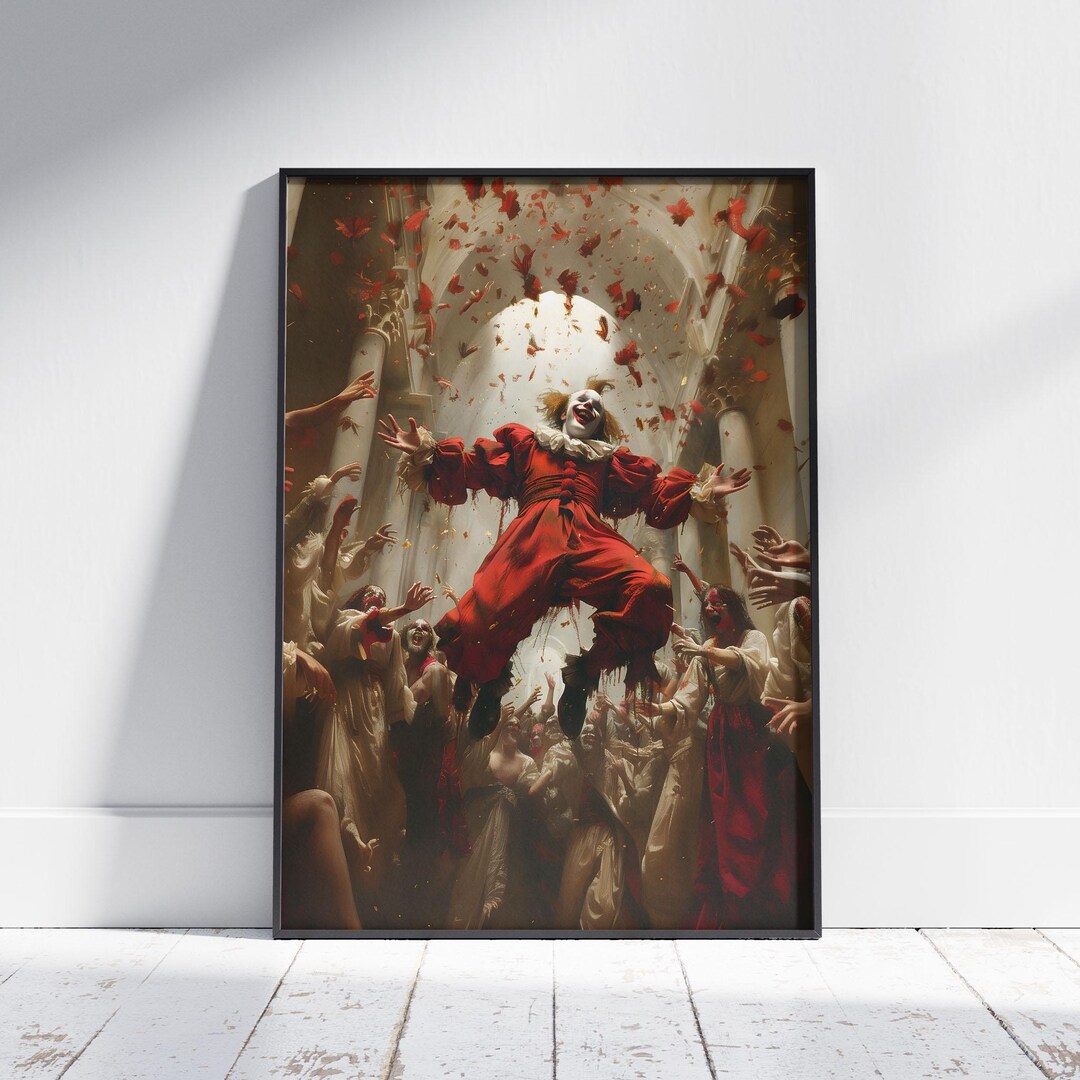 Spooky Painting of Flying Clown in the Crowd, Creepy Aesthetic Wall Art ...