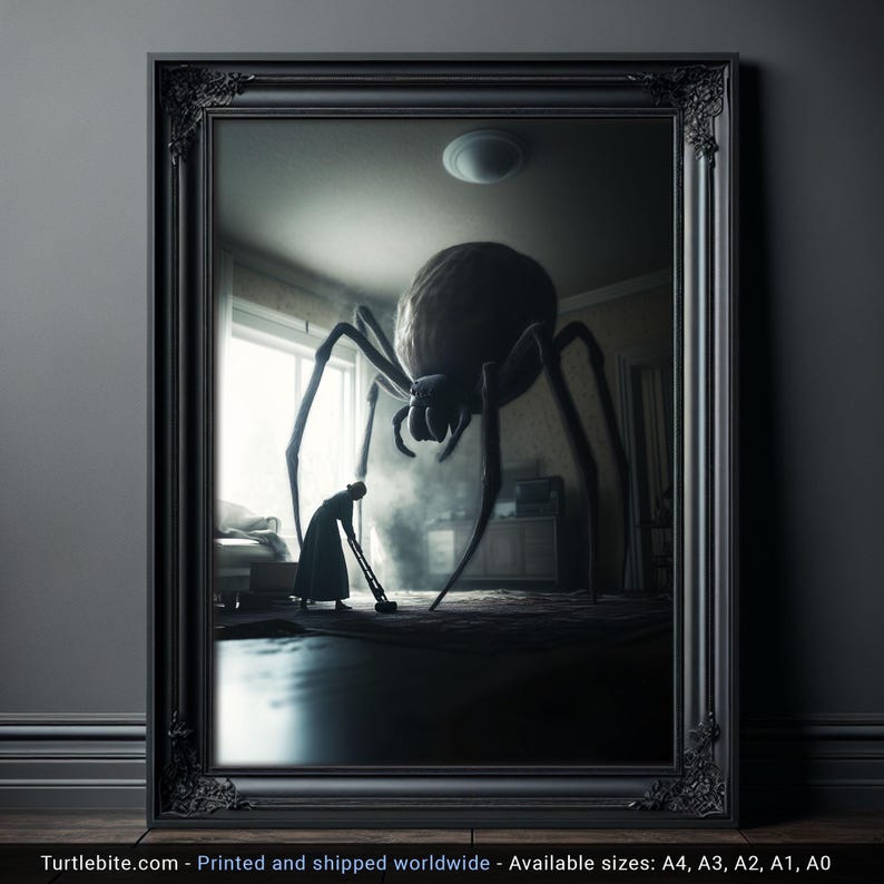 Horror Poster of Huge Spider Being Disturbed by Vacuum Cleaner, Dark ...