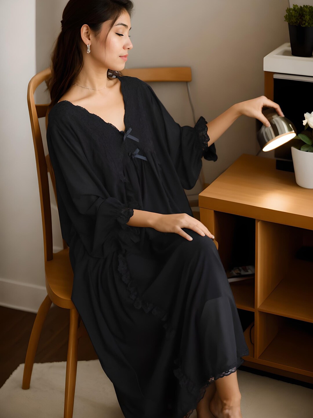 Black & White Lace Nightgown Set Classy Floral Embroided Nightsuit With ...