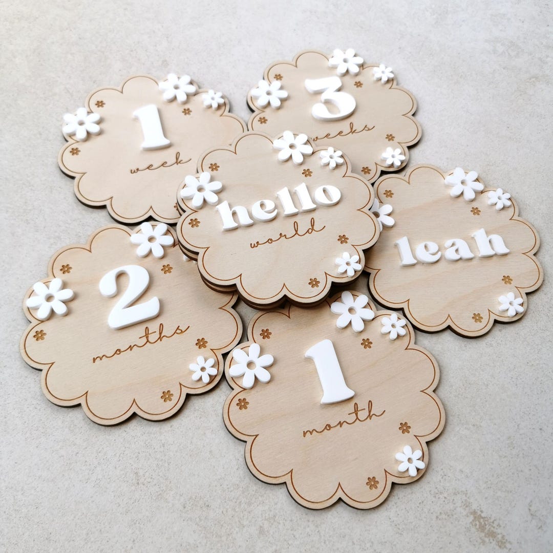 Daisy Wood Milestone Card, Boho Interchangable Milestone Card, Round ...
