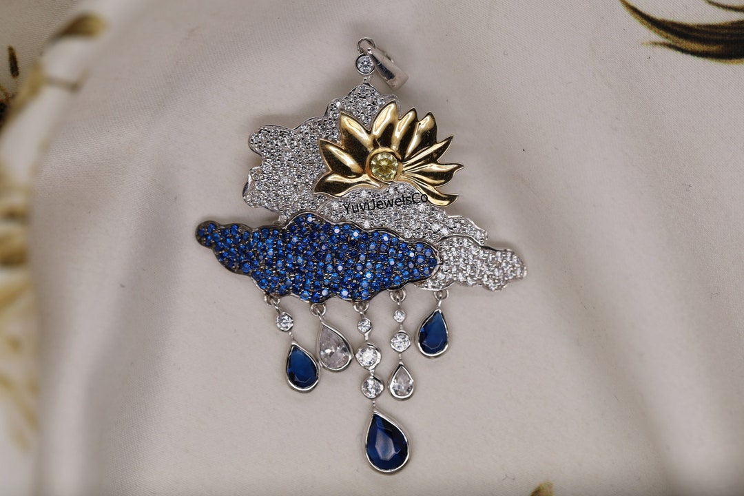 Blue Sapphire Rain Drop Pendant, Two Tone Gold Rainy Cloud With Sun ...
