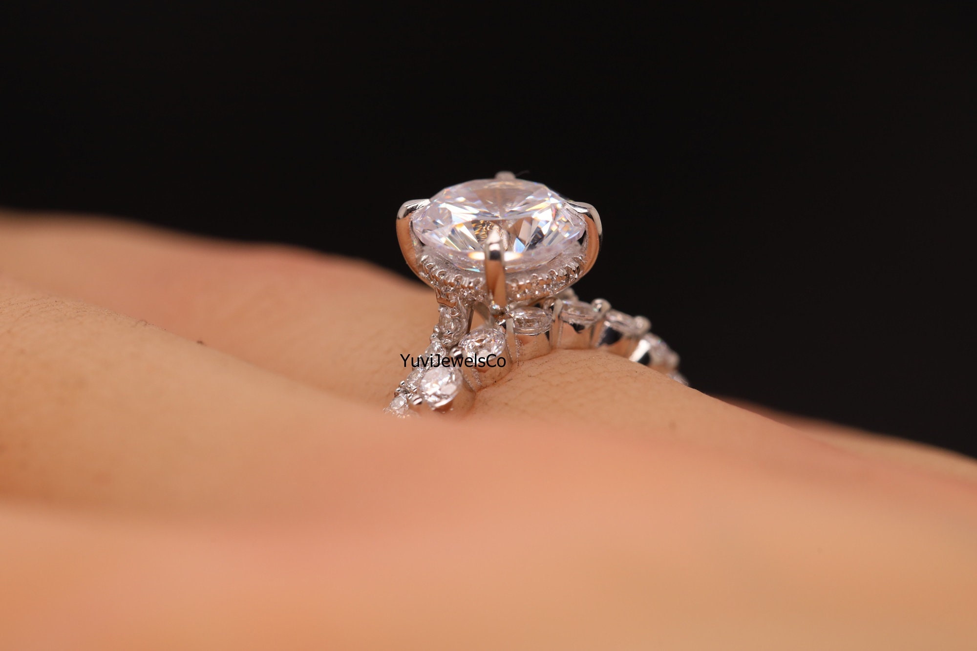 Hidden Halo Engagement Ring Set, Round Cut Moissanite Diamond Bridal ...