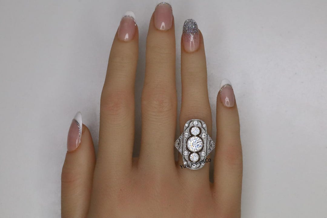 Milgrain Set Three Stone Ring, Round Cut Moissanite Diamond Edwardian ...