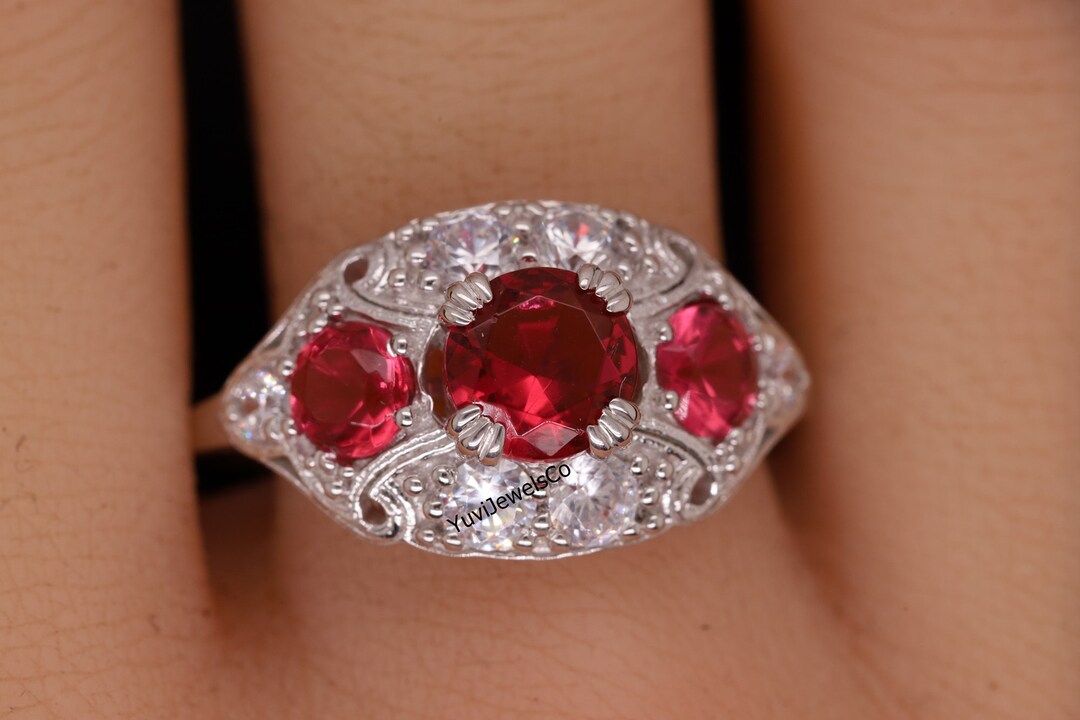 Antique Ruby Art Deco Ring, Pink & White Round CZ Stone Retro Ring ...