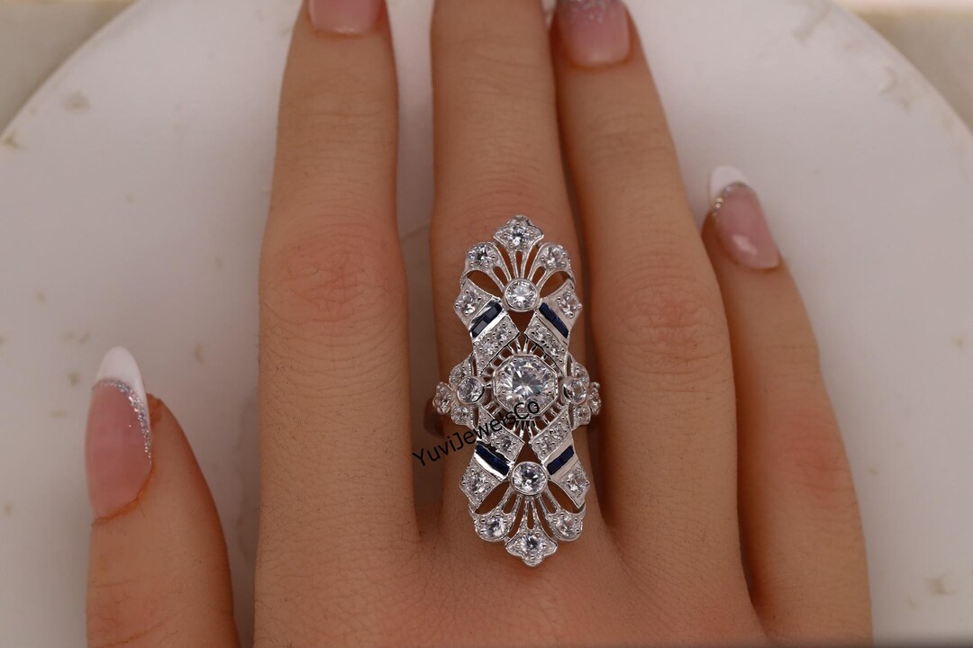 Antique Victorian Style Open Work Ring, Round & Blue Baguette Cut CZ ...