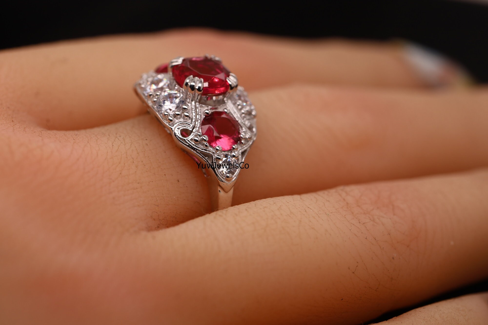 Antique Ruby Art Deco Ring, Pink & White Round CZ Stone Retro Ring ...