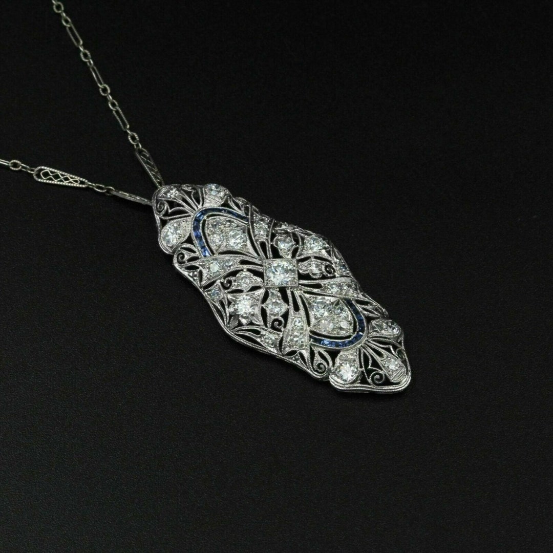 Antique Filigree Edwardian Style Necklace, Round & Blue Baguette Cut CZ ...