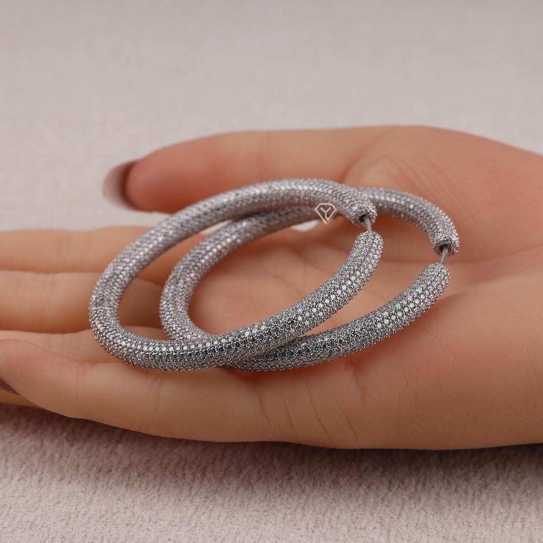 Pave Set Hoops for Her, Big Hoop Party Wear Earrings, Large Hoops for ...