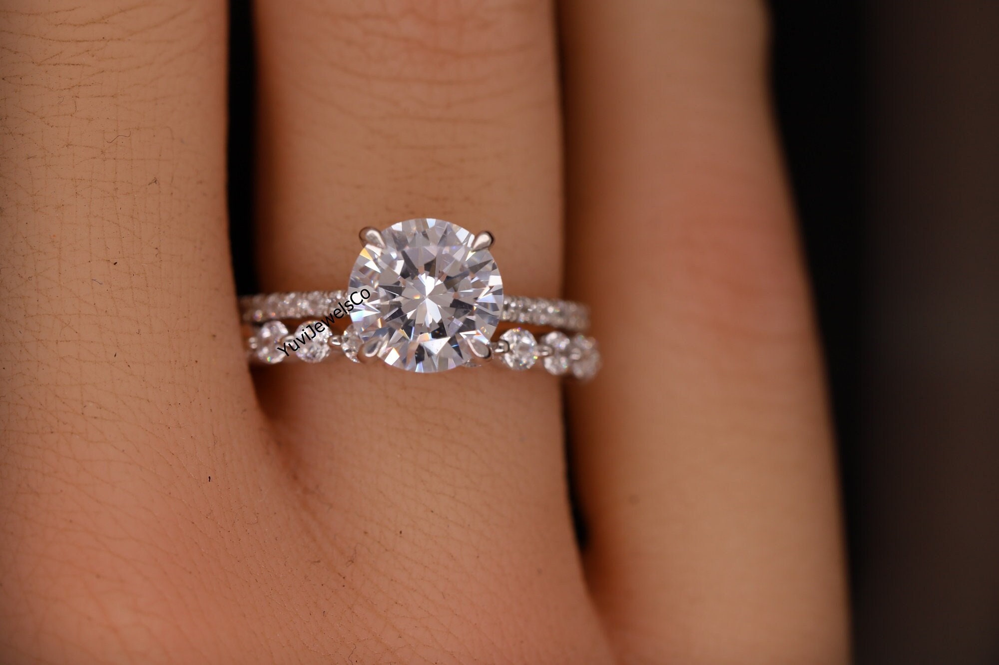 Hidden Halo Engagement Ring Set, Round Cut Moissanite Diamond Bridal ...