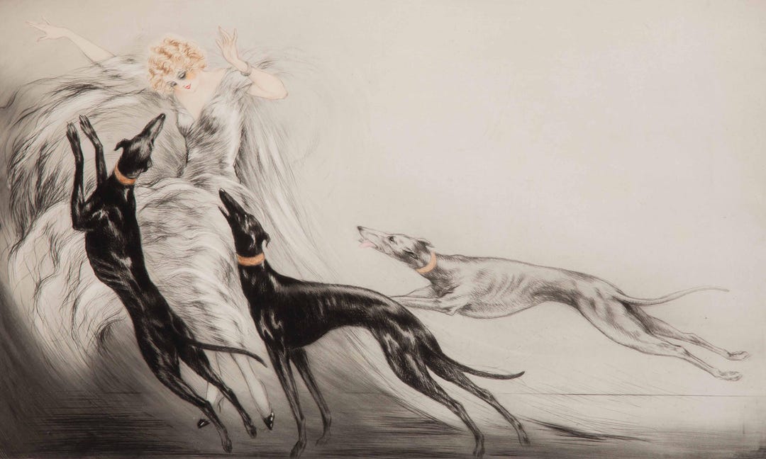 Set of Two 1920s French Sketch Print – Woman With Dogs Poster – Gatsby ...