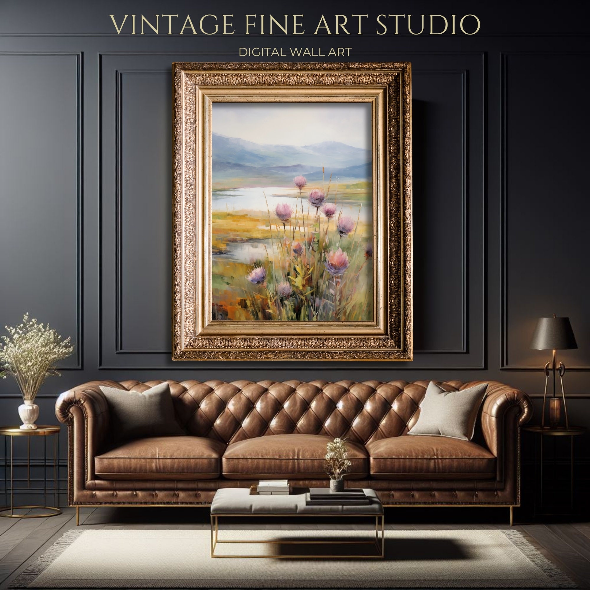Printable Scottish Thistle Landscape Vintage Painting Moody Spring ...