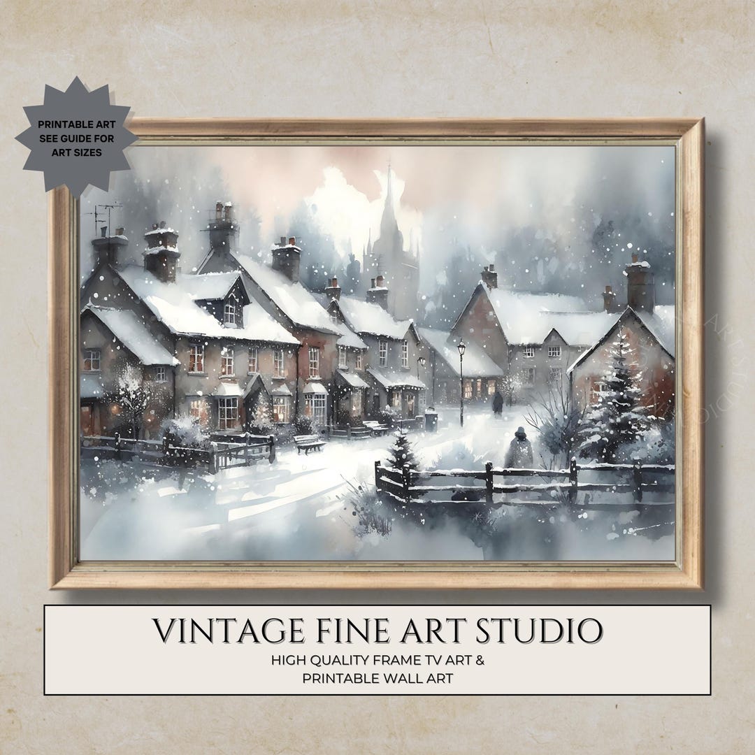 PRINTABLE ART Winter Snowy Country Village Christmas Painting, Festive ...