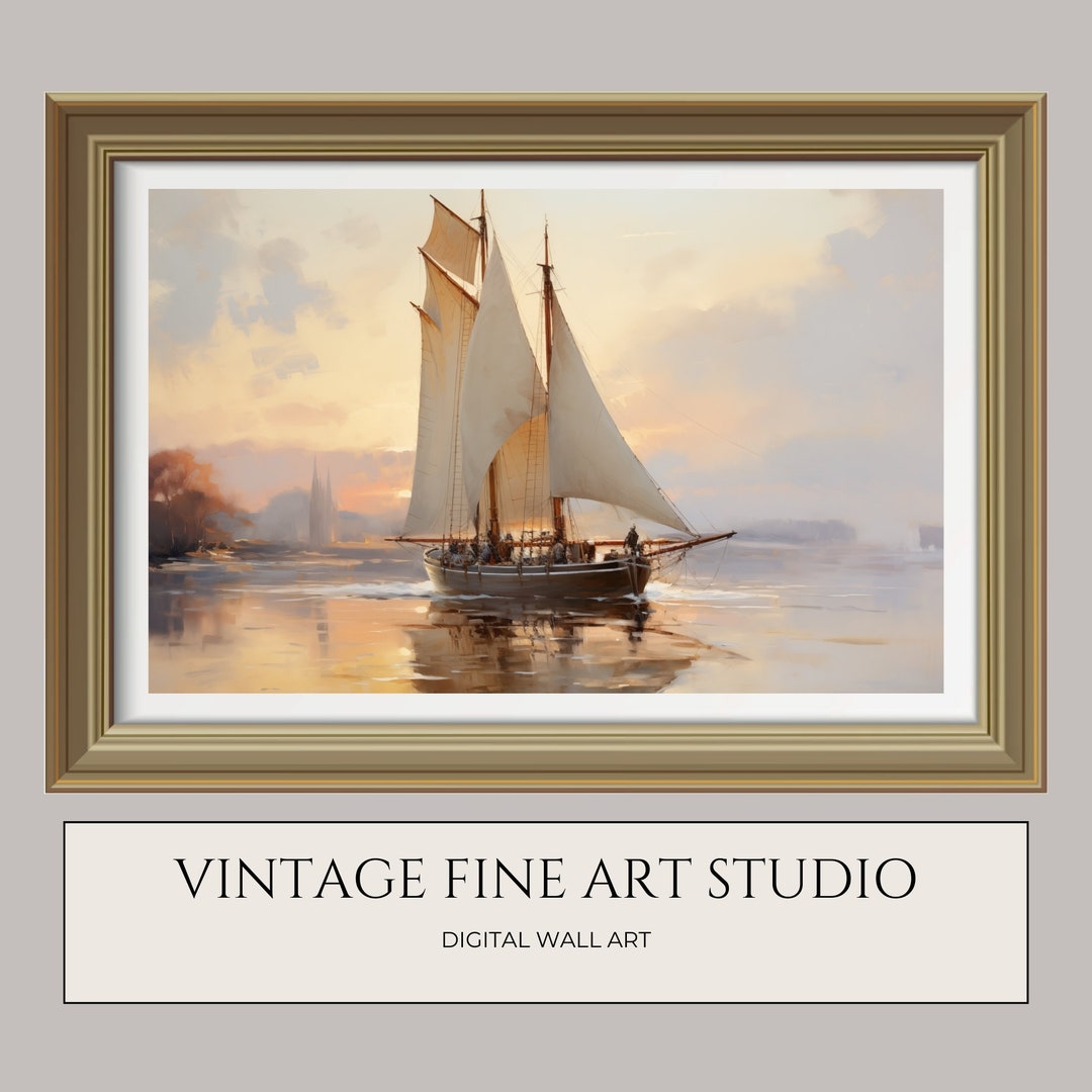 Printable & Frame TV Art Set Sail Boat Seascape Oil Painting Vintage ...