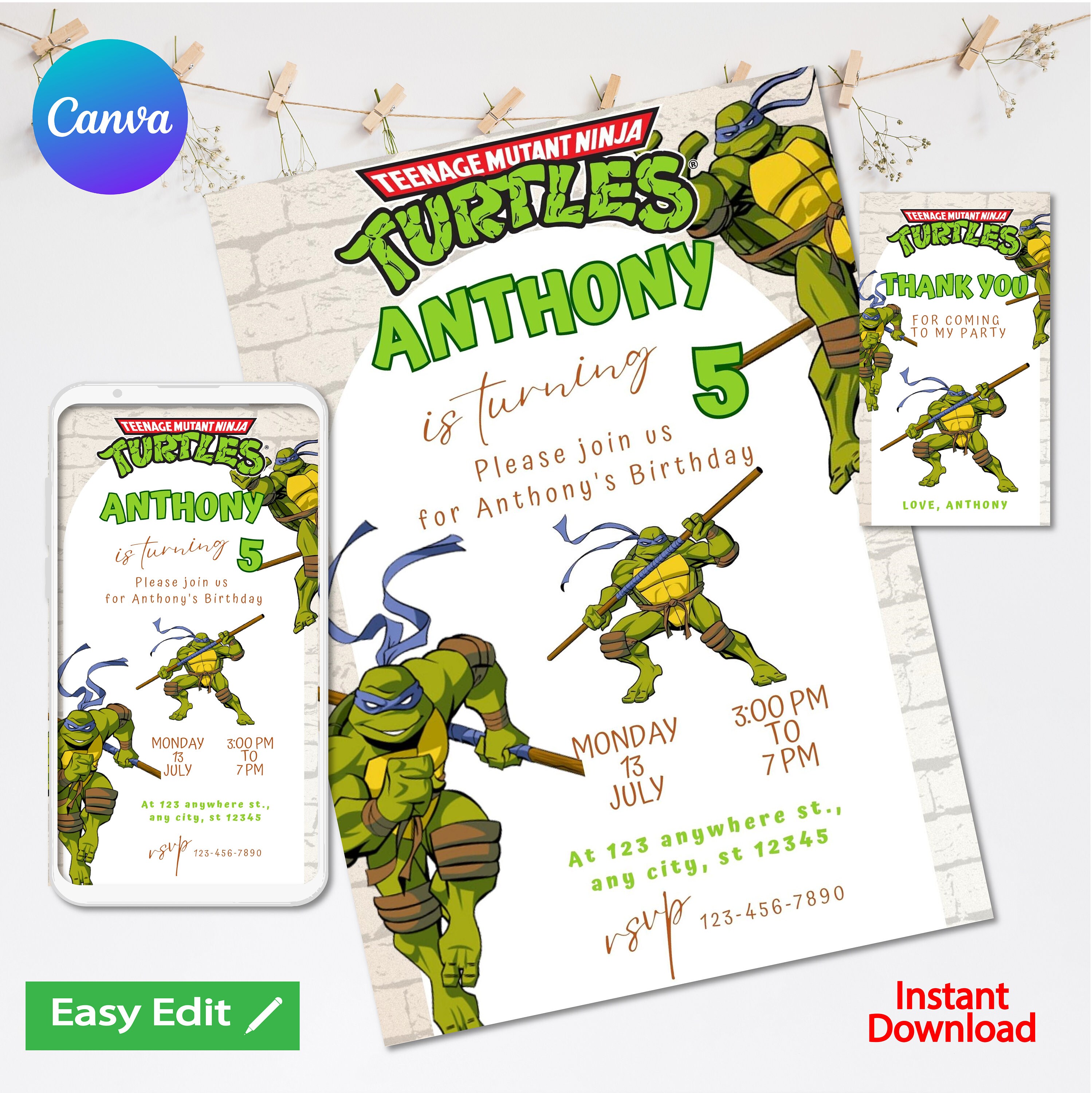 Ninja Turtle Invitation, Ninja Turtle Party Invite, Editable Ninja ...