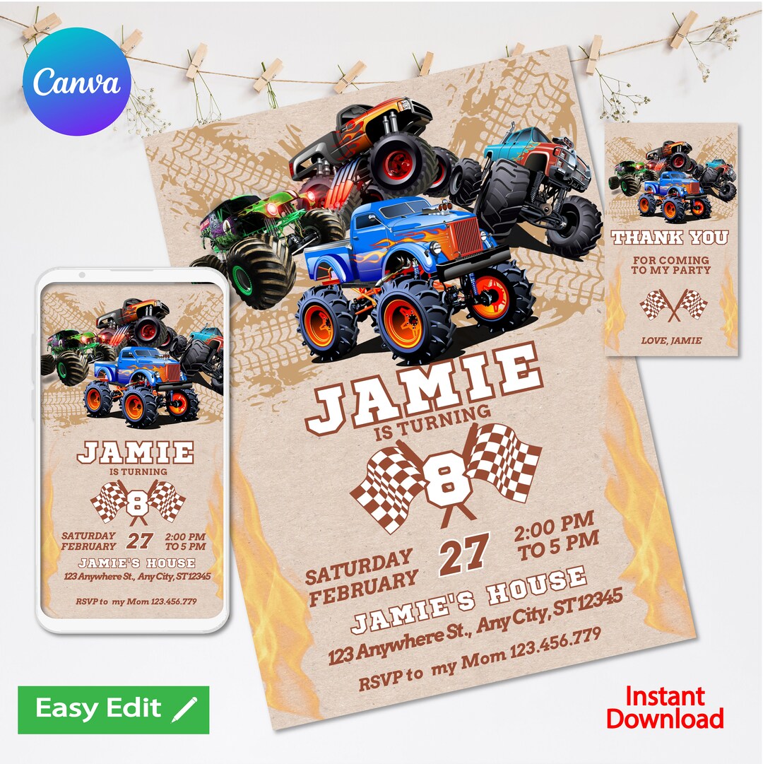 Editable Monster Truck Birthday Invitation Template, Printable Trucks ...