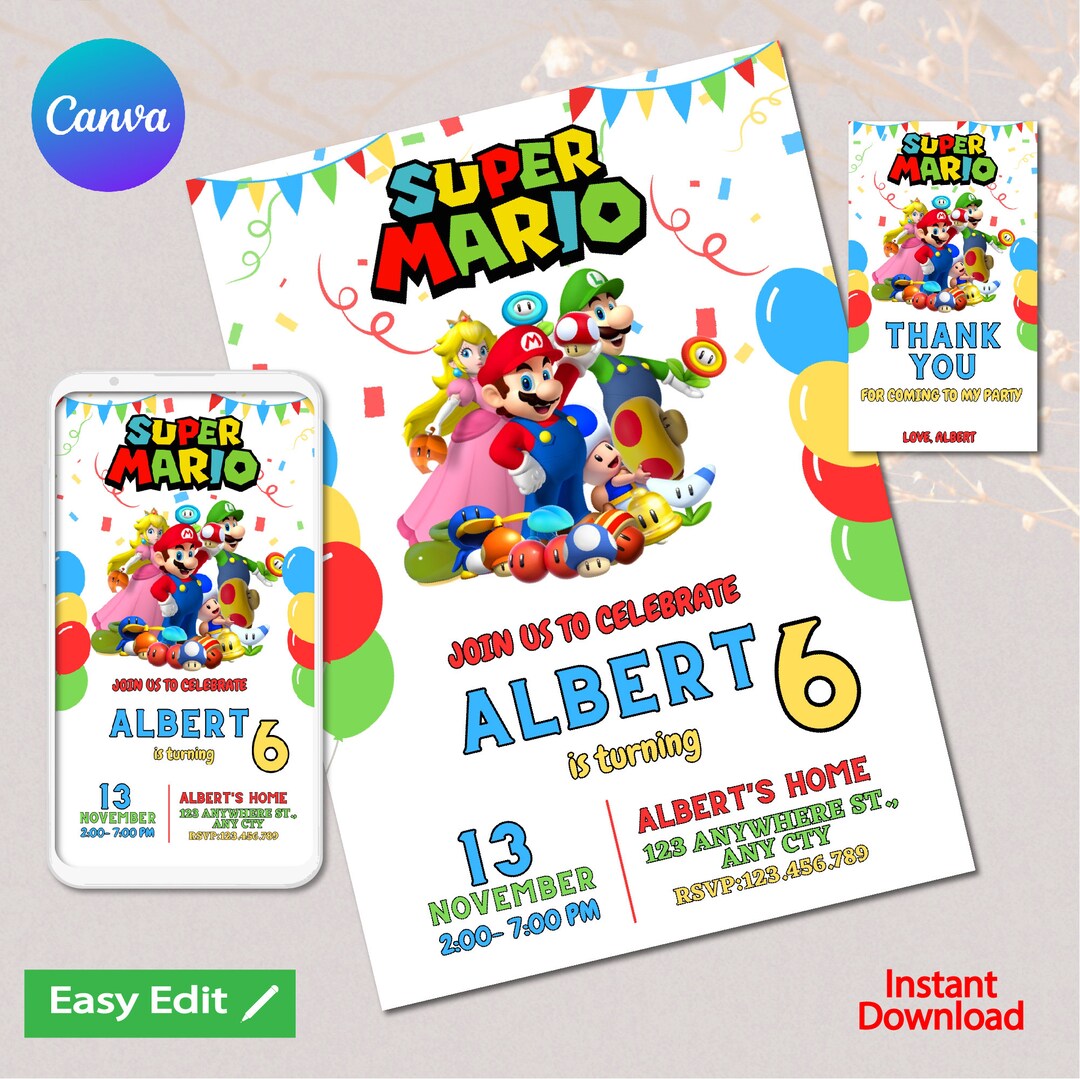 Invitación de Super Mario Bros, invitación de cumpleaños de Super Mario ...
